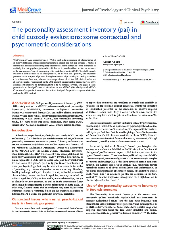 (PDF) The Personality Assessment Inventory (PAI) in Child Custody ...