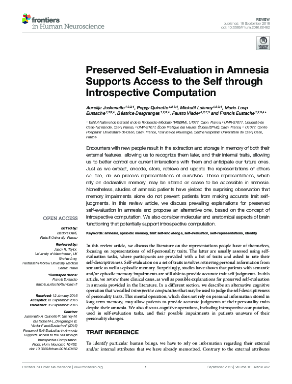 (PDF) Preserved Self-Evaluation in Amnesia Supports Access to the Self ...