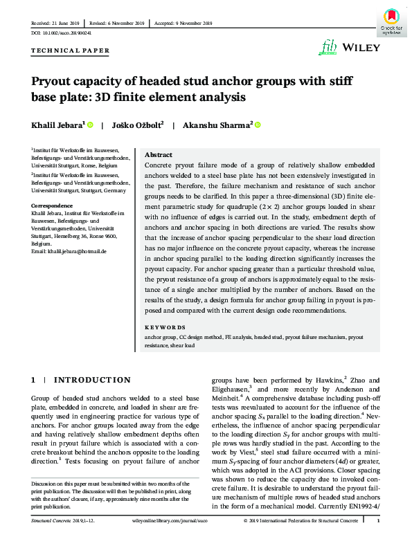 (PDF) Pryout capacity of headed stud anchor groups with stiff base ...