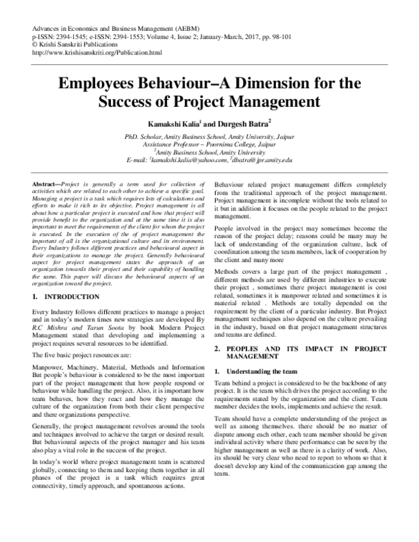 (PDF) Employees Behaviour-A Dimension for the Success of Project Management
