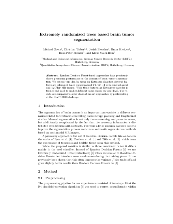(PDF) Extremely randomized trees based brain tumor segmentation