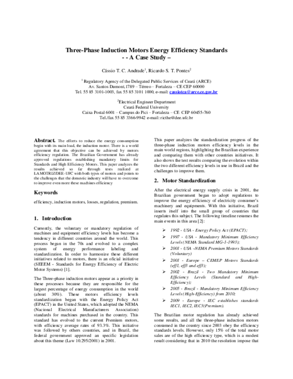 Pdf Three Phase Induction Motors Energy Efficiency Standards