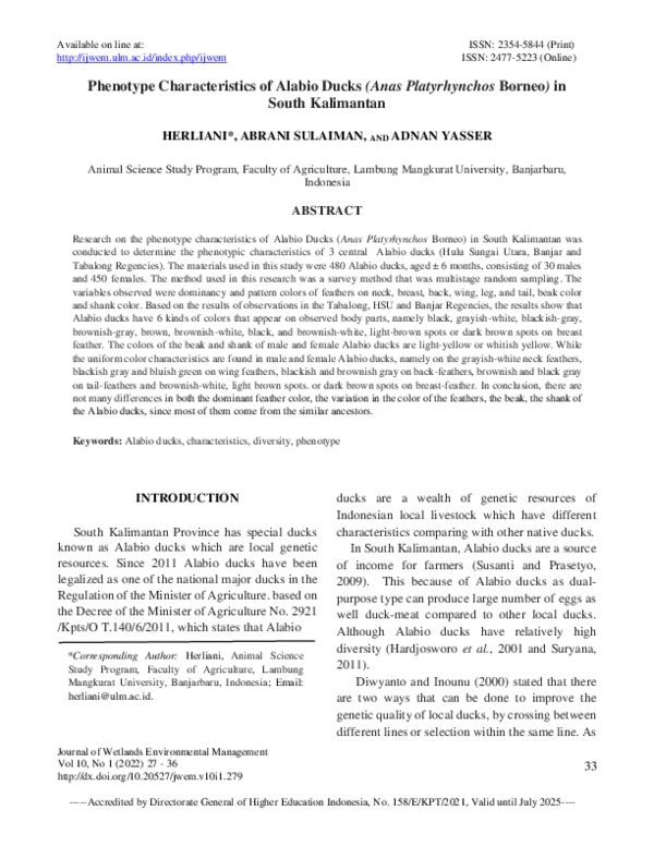 (PDF) Phenotype Characteristics of Alabio Ducks (Anas Platyrhynchos ...