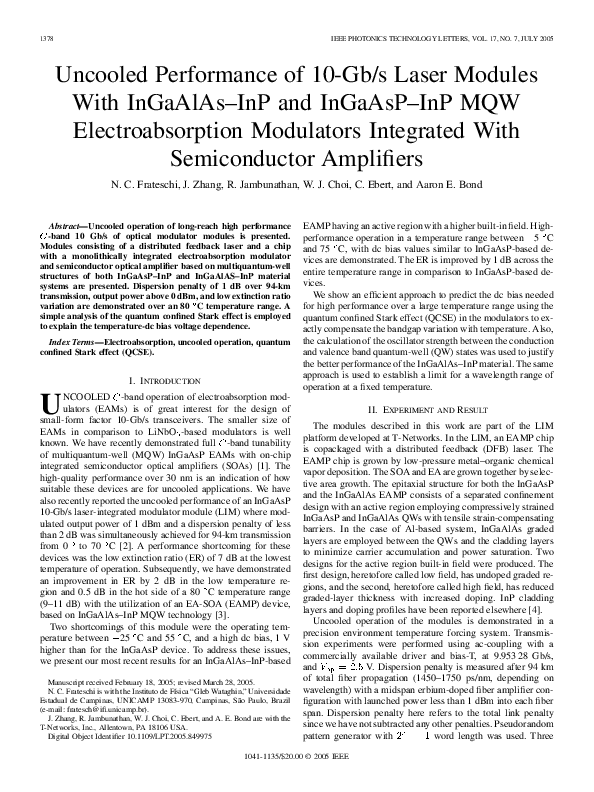 (PDF) Uncooled performance of 10-Gb/s laser modules with InGaAlAs-InP and InGaAsP-InP MQW ...
