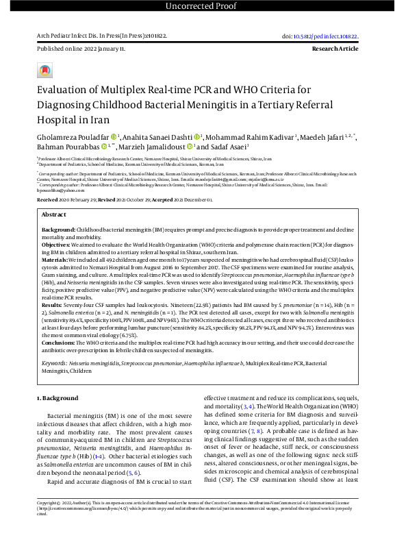 (PDF) Evaluation of Multiplex Real-time PCR and WHO Criteria for ...