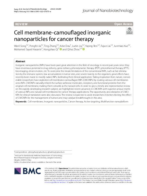 (PDF) Cell membrane-camouflaged inorganic nanoparticles for cancer therapy | Qihui Zhou ...
