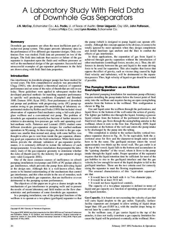 (PDF) A Laboratory Study With Field Data of Downhole Gas Separators
