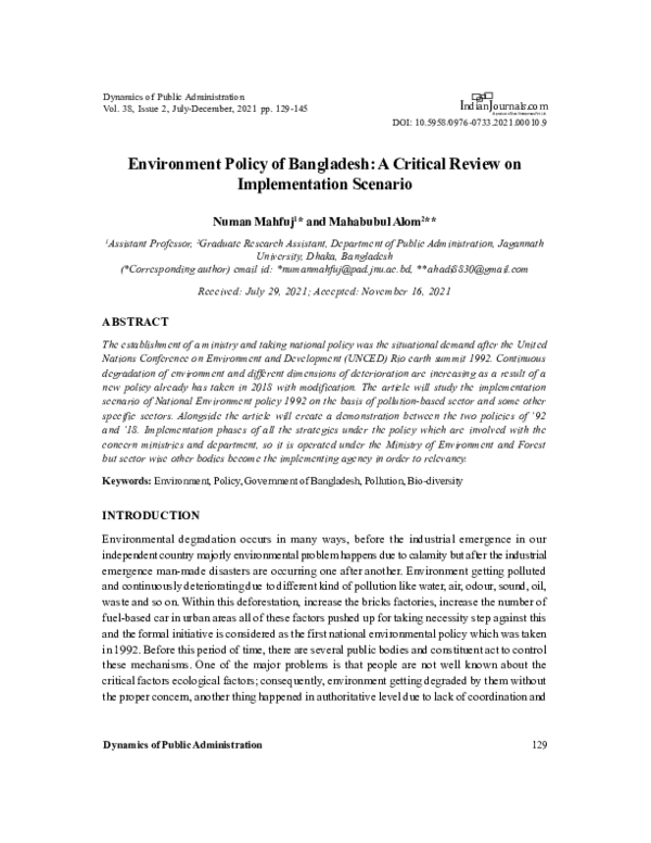 (PDF) Environment Policy of Bangladesh: A Critical Review on ...