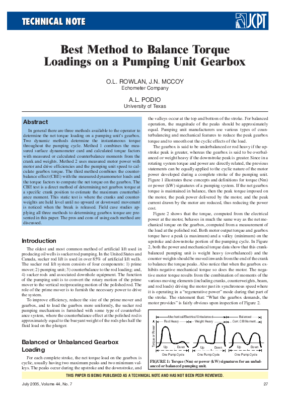 (PDF) Best Method to Balance Torque Loadings on a Pumping Unit Gearbox