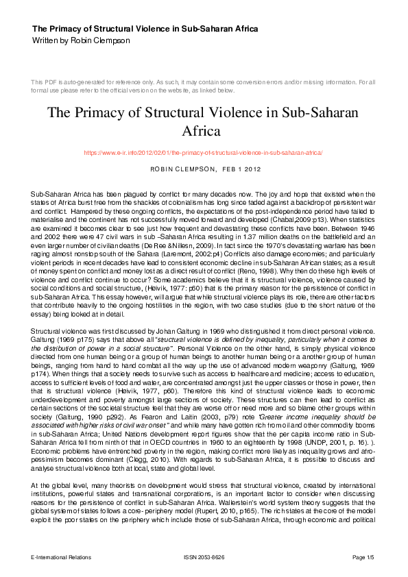 The Primacy Of Structural Violence In Sub Saharan Africa