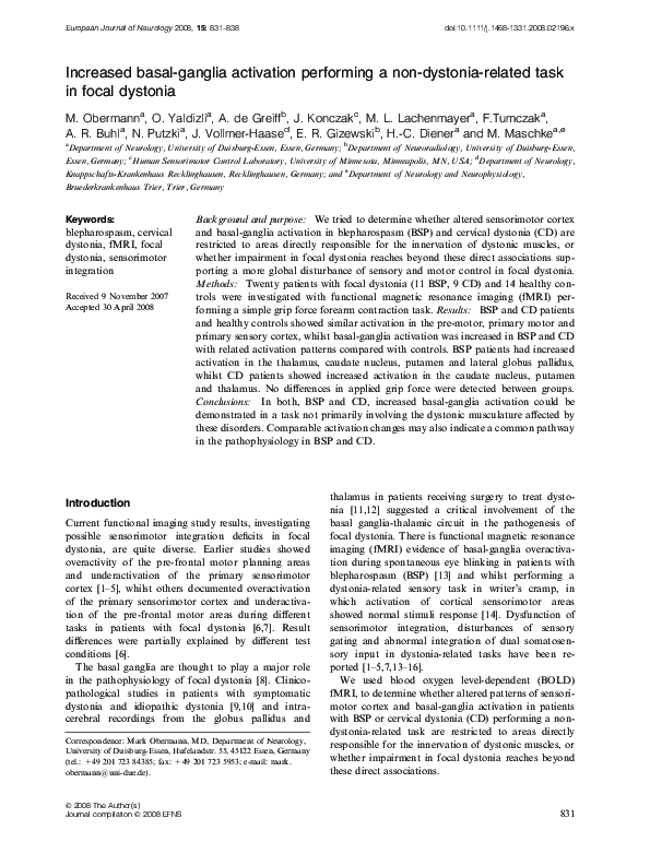 (PDF) Increased basal-ganglia activation performing a non-dystonia ...
