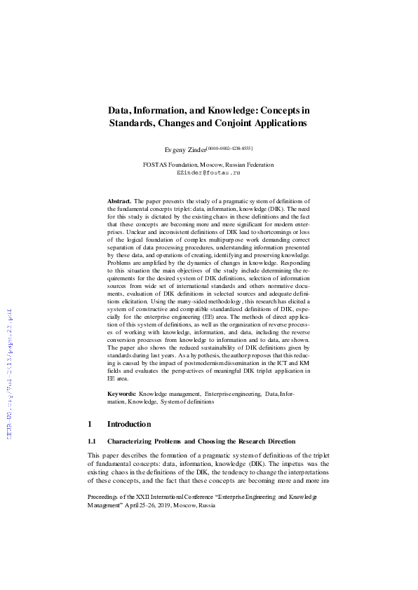 (PDF) Data , Information , and Knowledge : Concepts in Standards , Changes and Conjoint Applications