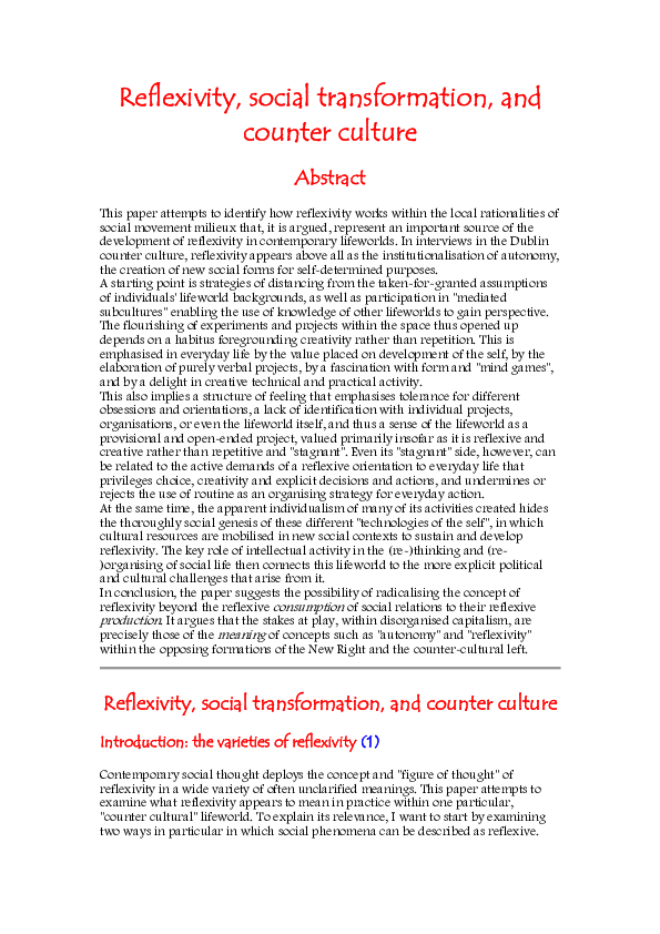 (PDF) Reflexivity, social transformation, and counter culture