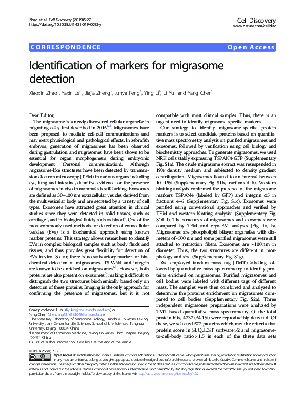 (PDF) Identification of markers for migrasome detection