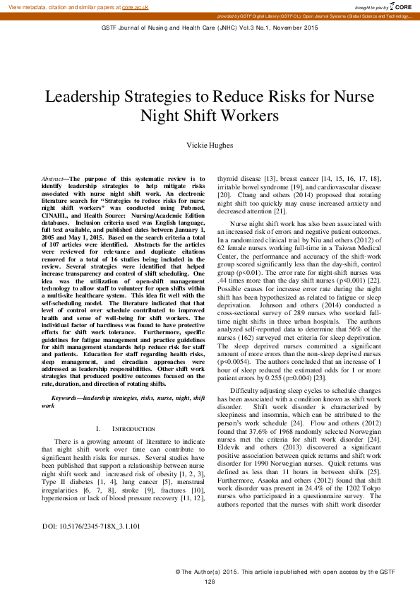 (PDF) Leadership Strategies to Reduce Risks for Nurse Night Shift Workers
