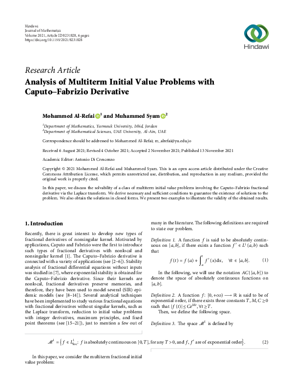 (PDF) Analysis of Multiterm Initial Value Problems with Caputo–Fabrizio ...