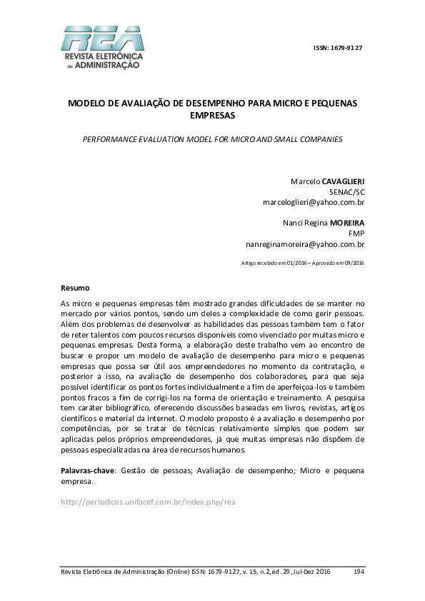 (PDF) Modelo De Avaliação De Desempenho Para Micro e Pequenas Empresas