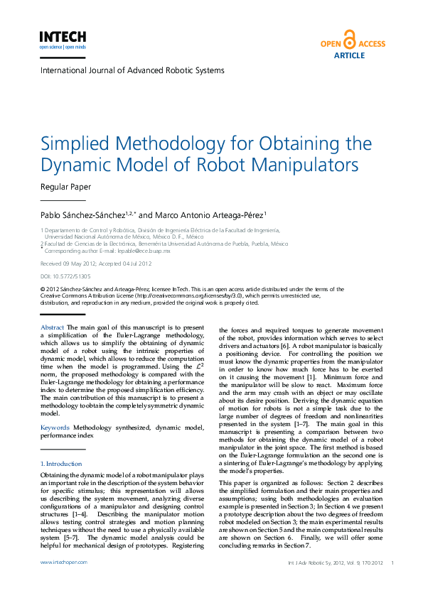 (PDF) Simplied Methodology for Obtaining the Dynamic Model of Robot Manipulators