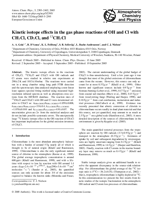 (PDF) Kinetic isotope effects in the gas phase reactions of OH and Cl ... (PDF) Kinetic isotope effects in the gas phase reactions of OH and Cl ...