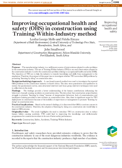 (PDF) Improving occupational health and safety (OHS) in construction ...