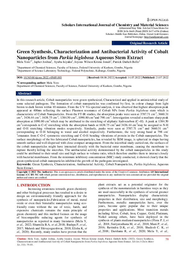 (PDF) Green Synthesis, Characterization and Antibacterial Activity of Cobalt Nanoparticles from ...