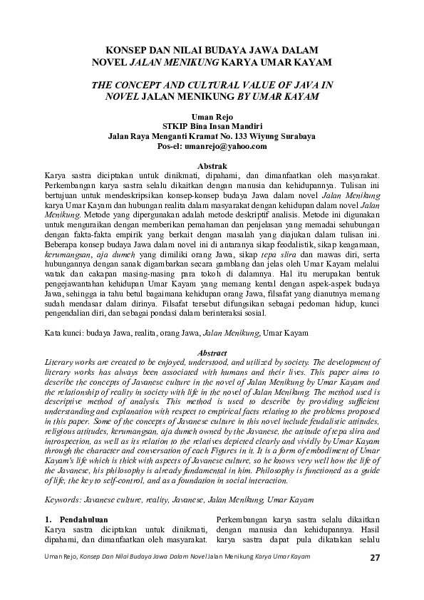 (PDF) Konsep dan Nilai Budaya Jawa dalam Novel Jalan Menikung Karya Umar Kayam