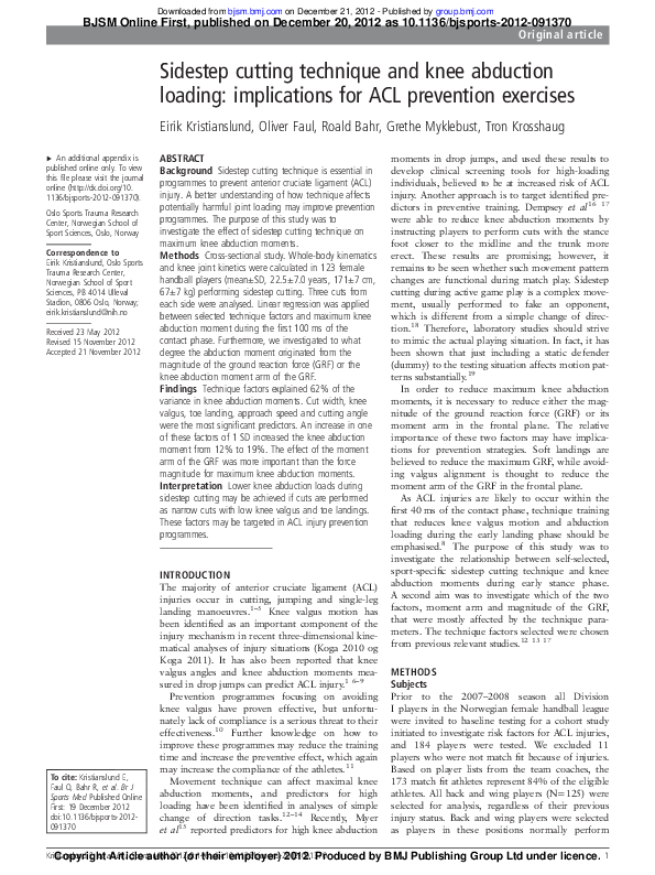 (PDF) Sidestep cutting technique and knee abduction loading ...