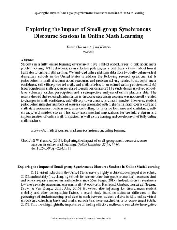 Pdf Exploring The Impact Of Small Group Synchronous Discourse Sessions In Online Math Learning