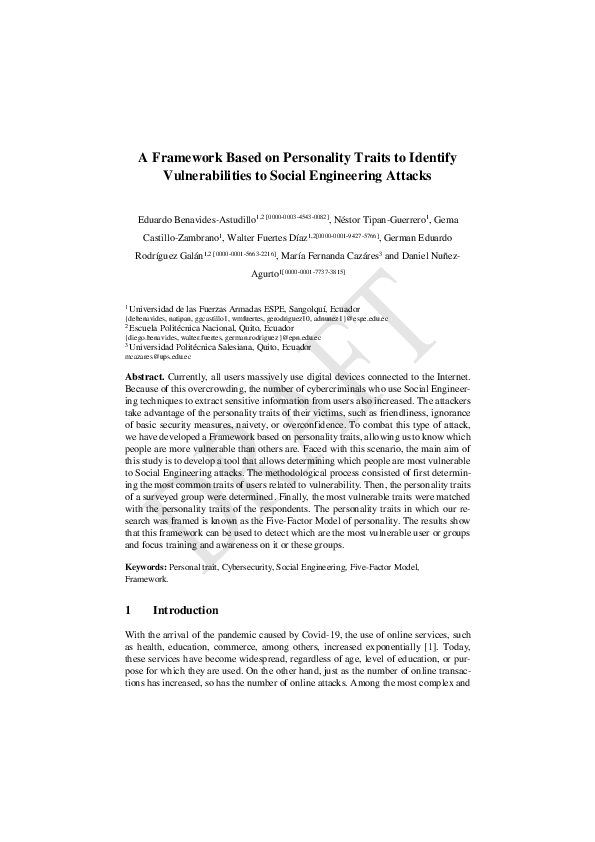 (PDF) A Framework Based on Personality Traits to Identify Vulnerabilities to Social Engineering ...