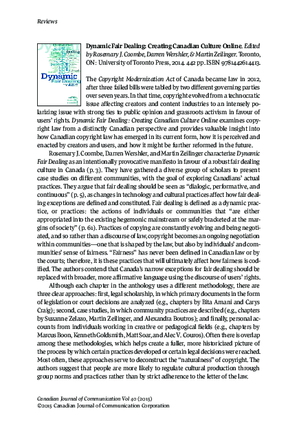(PDF) Dynamic Fair Dealing: Creating Canadian Culture Online, edited by ...