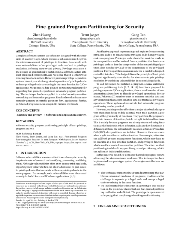 (PDF) Fine-grained Program Partitioning for Security | Zhen Huang - Academia.edu
