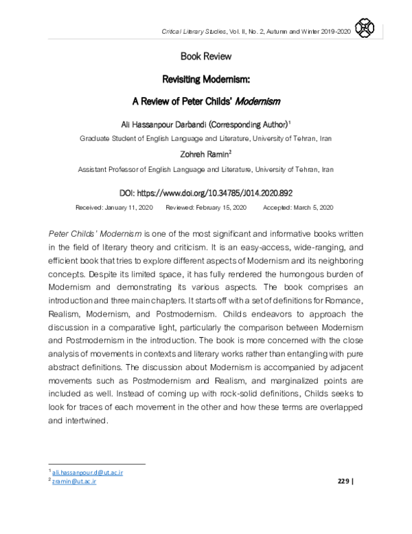 (PDF) Revisiting Modernism: A Review of Modernism by Peter Childs