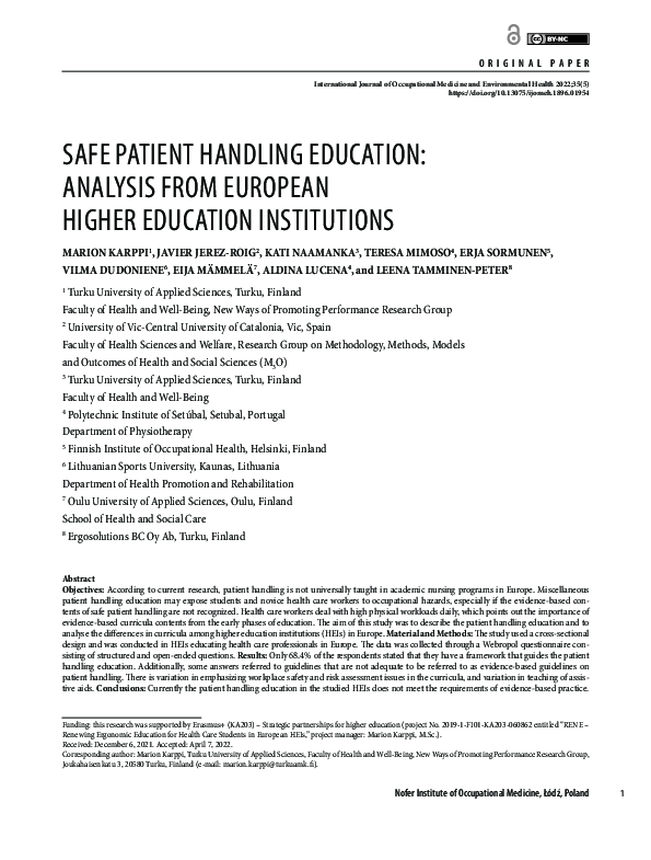 (PDF) Safe patient handling education: analysis from European higher ...
