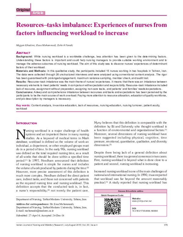 (PDF) Resources–tasks imbalance: Experiences of nurses from factors ...