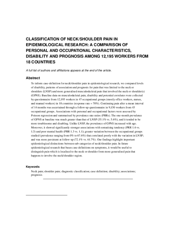 (PDF) Classification of Neck/Shoulder Pain in Epidemiological Research ...