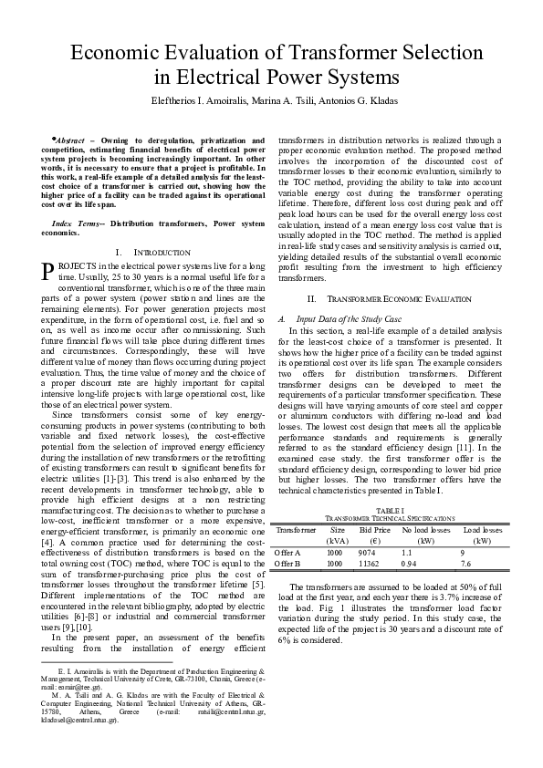 (PDF) Economic evaluation of transformer selection in electrical power systems | A. Kladas ...