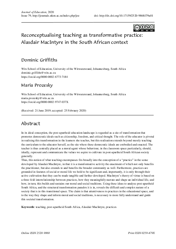 (PDF) Reconceptualising teaching as transformative practice: Alasdair ...