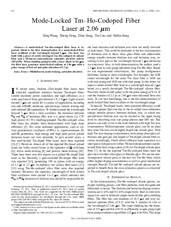 (PDF) Mode-Locked Tm–Ho-Codoped Fiber Laser at 2.06 $\mu$ m
