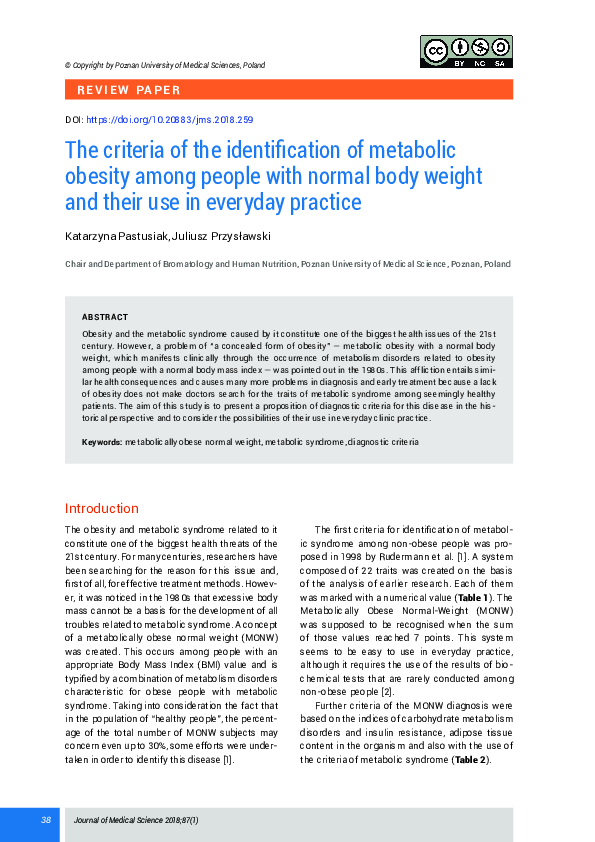 (PDF) The criteria of the identification of metabolic obesity among ...