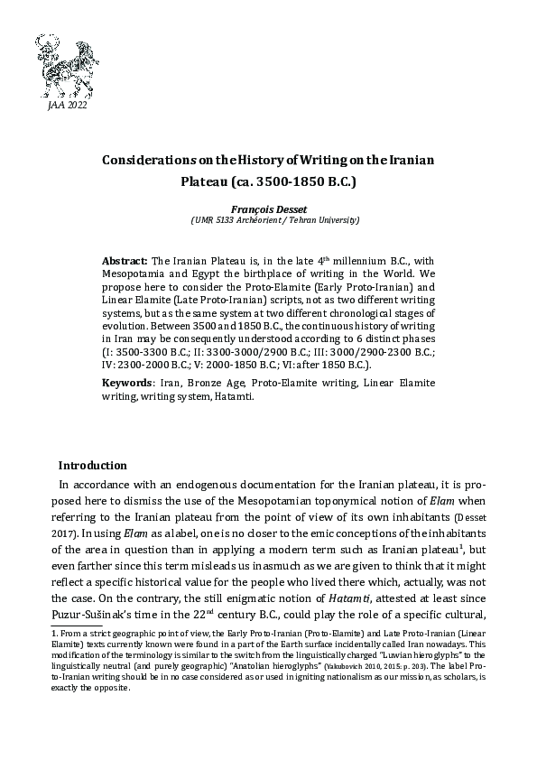 (PDF) Considerations on the History of Writing on the Iranian Plateau ...