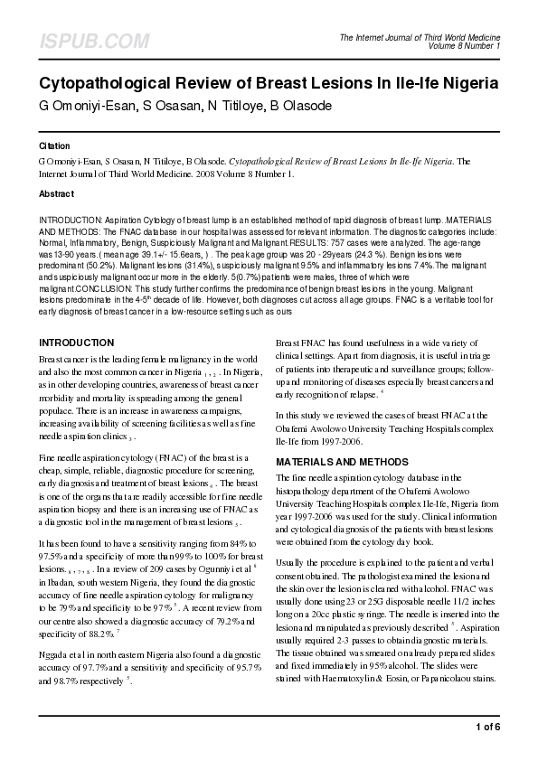 Pdf Cytopathological Review Of Breast Lesions In Ile Ife Nigeria