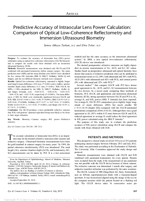(PDF) Predictive Accuracy of Intraocular Lens Power Calculation