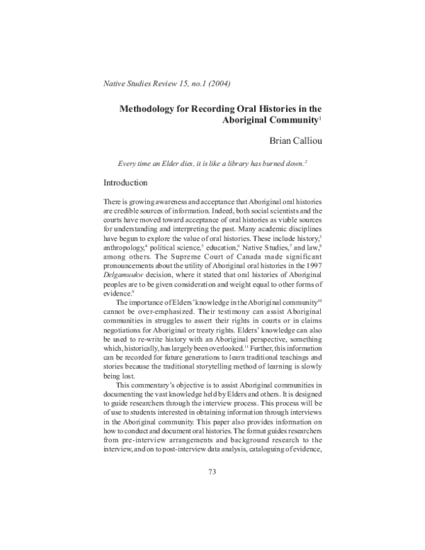 (PDF) Methodology for Recording Oral Histories in the Aboriginal ...
