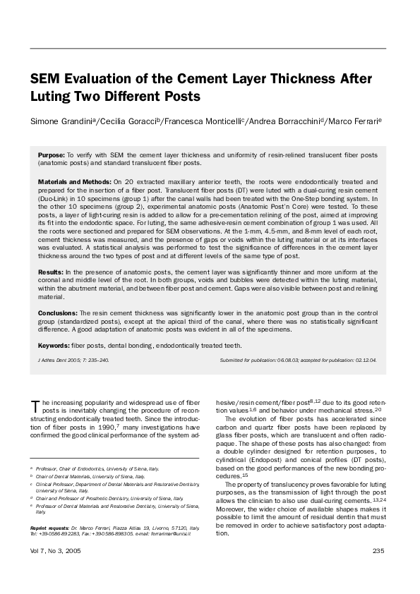 (PDF) SEM evaluation of the cement layer thickness after luting two ...