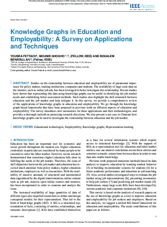 (PDF) Knowledge Graphs in Education and Employability: A Survey on Applications and Techniques