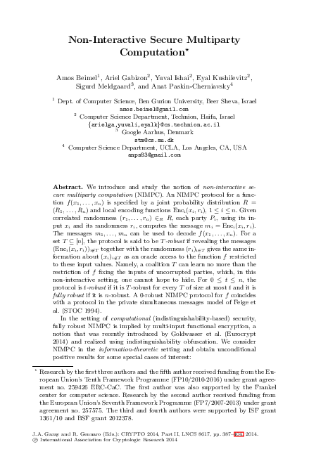 Pdf Non Interactive Secure Multiparty Computation