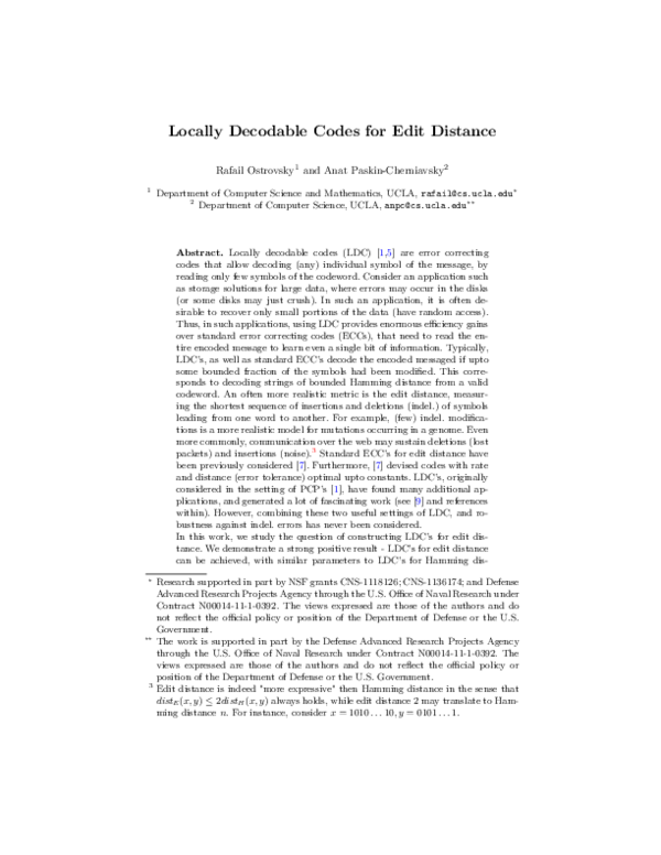 Pdf Locally Decodable Codes For Edit Distance Anat Paskin Cherniavsky