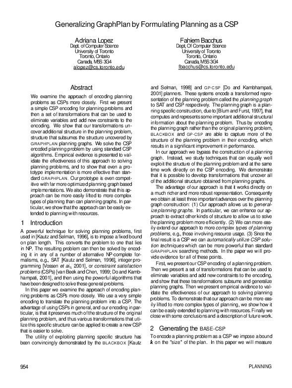 (PDF) Generalizing graphplan by formulating planning as a CSP