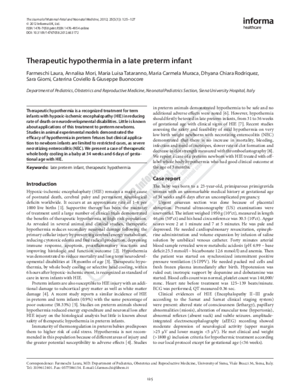 (PDF) Therapeutic hypothermia in a late preterm infant