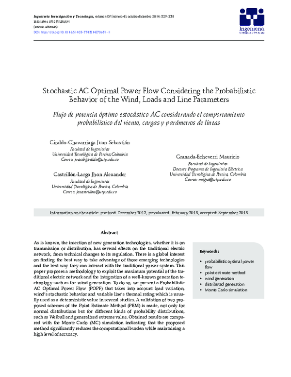 (PDF) Stochastic AC Optimal Power Flow Considering the Probabilistic Behavior of the Wind, Loads ...